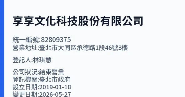 享享文化科技股份有限公司的照片-統編 82809375(臺北市) 公司登記資料與營業項目詳細圖表