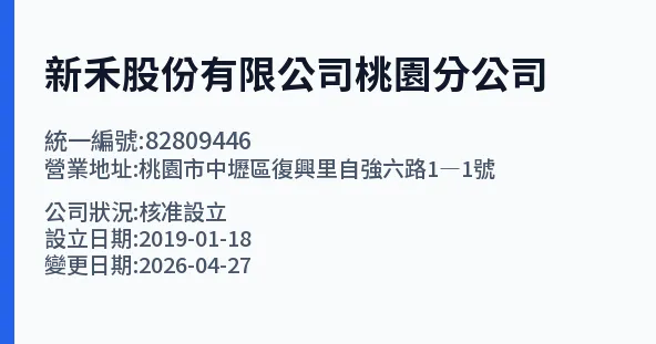 新禾股份有限公司桃園分公司的照片-統編 82809446(桃園市) 公司登記資料與營業項目詳細圖表