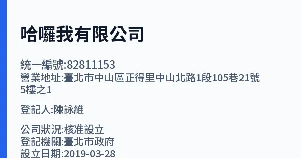 哈囉我有限公司的照片-統編 82811153(臺北市) 公司登記資料與營業項目詳細圖表
