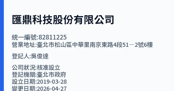 匯鼎科技股份有限公司的照片-統編 82811225(臺北市) 公司登記資料與營業項目詳細圖表