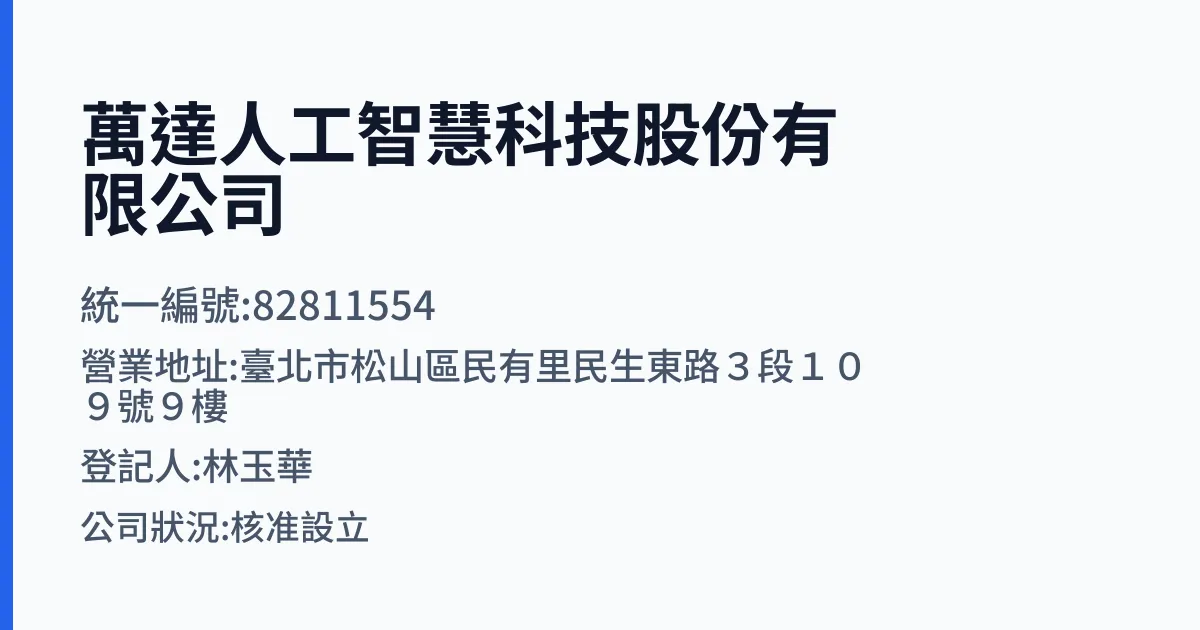 萬達人工智慧科技股份有限公司 - 統編 82811554(臺北市) 公司登記資料與營業項目詳細圖表