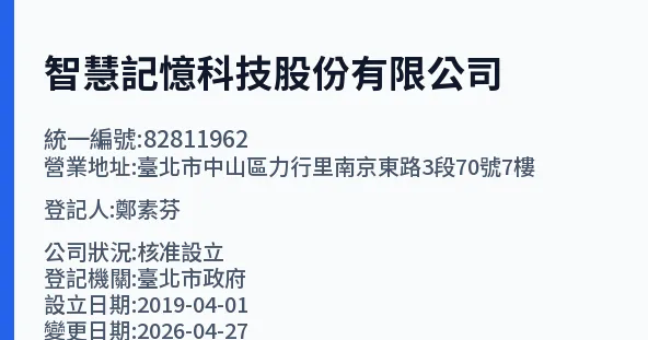 智慧記憶科技股份有限公司的照片-統編 82811962(臺北市) 公司登記資料與營業項目詳細圖表