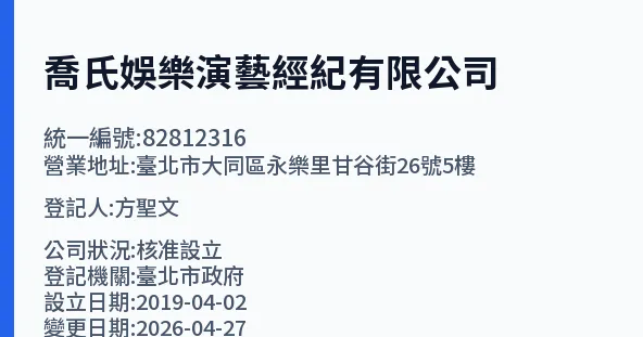 喬氏娛樂演藝經紀有限公司的照片-統編 82812316(臺北市) 公司登記資料與營業項目詳細圖表