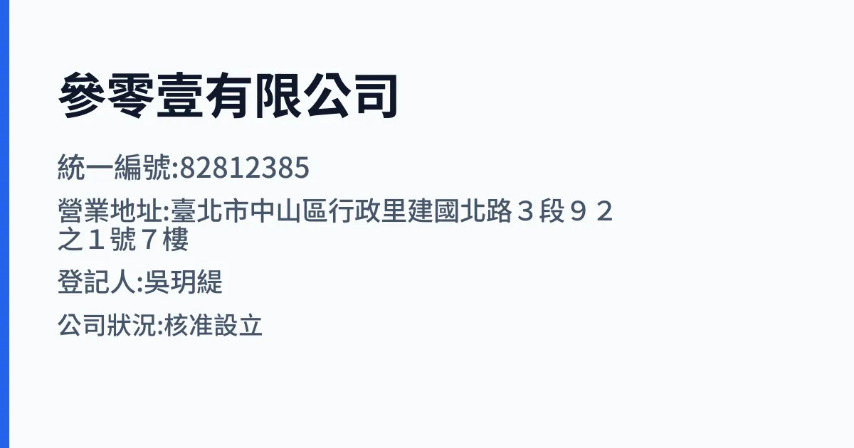 參零壹有限公司 - 統編 82812385(臺北市) 公司登記資料與營業項目詳細圖表