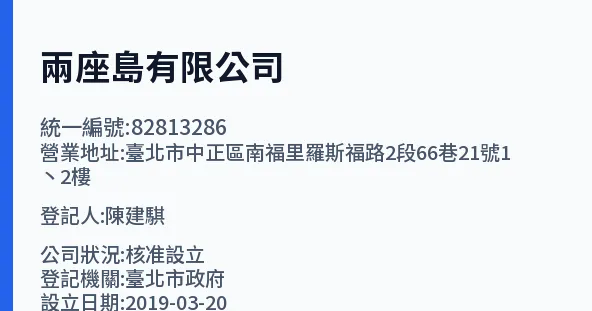 兩座島有限公司的照片-統編 82813286(臺北市) 公司登記資料與營業項目詳細圖表
