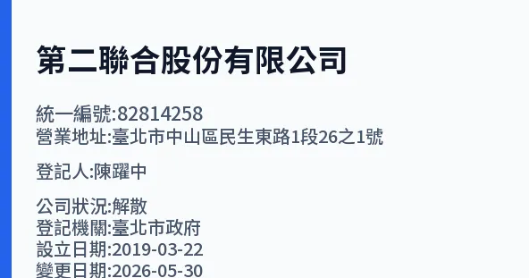 第二聯合股份有限公司的照片-統編 82814258(臺北市) 公司登記資料與營業項目詳細圖表
