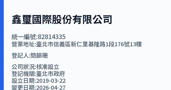 鑫璽國際股份有限公司的照片-統編 82814335(臺北市) 公司登記資料與營業項目詳細圖表
