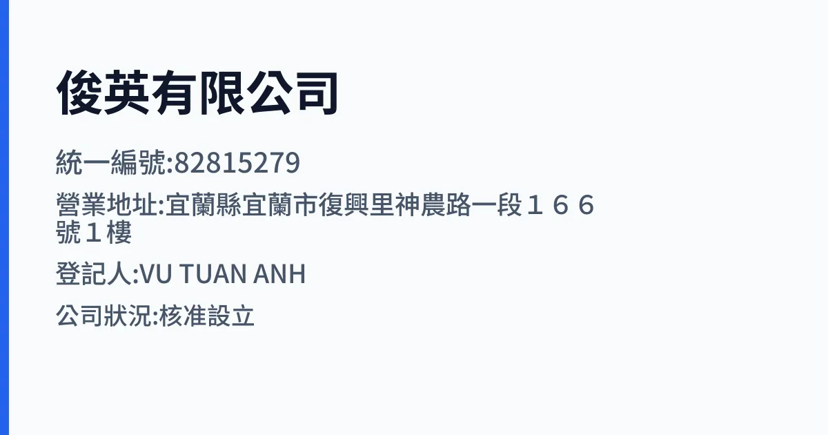 俊英有限公司 - 統編 82815279(宜蘭縣) 公司登記資料與營業項目詳細圖表