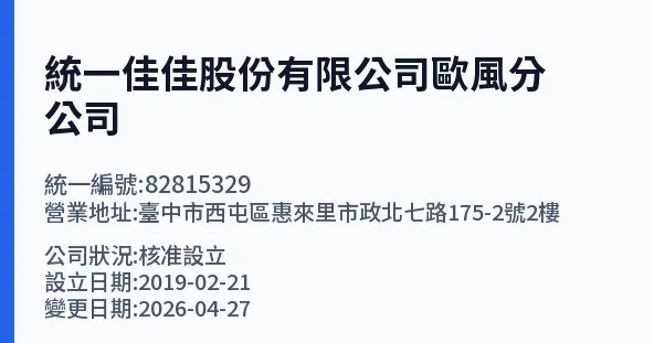 統一佳佳股份有限公司歐風分公司的照片-統編 82815329(臺中市) 公司登記資料與營業項目詳細圖表