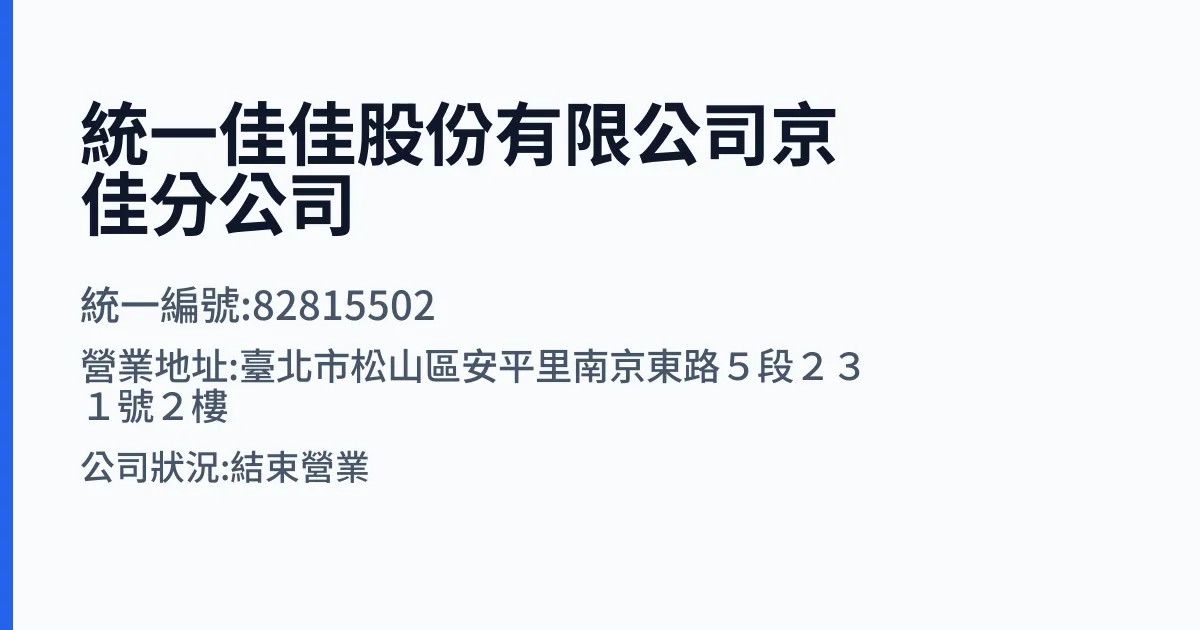 統一佳佳股份有限公司京佳分公司 - 統編 82815502(臺北市) 公司登記資料與營業項目詳細圖表