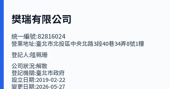 樊瑞有限公司的照片-統編 82816024(臺北市) 公司登記資料與營業項目詳細圖表