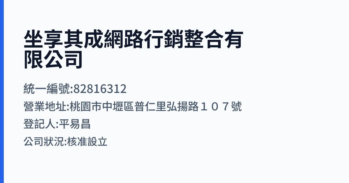 坐享其成網路行銷整合有限公司 - 統編 82816312(臺北市) 公司登記資料與營業項目詳細圖表