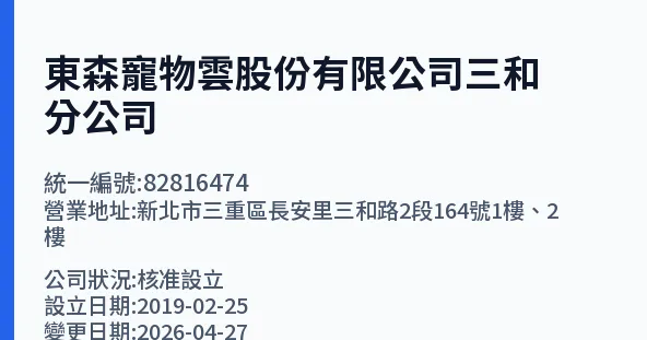 東森寵物雲股份有限公司三和分公司的照片-統編 82816474(新北市) 公司登記資料與營業項目詳細圖表
