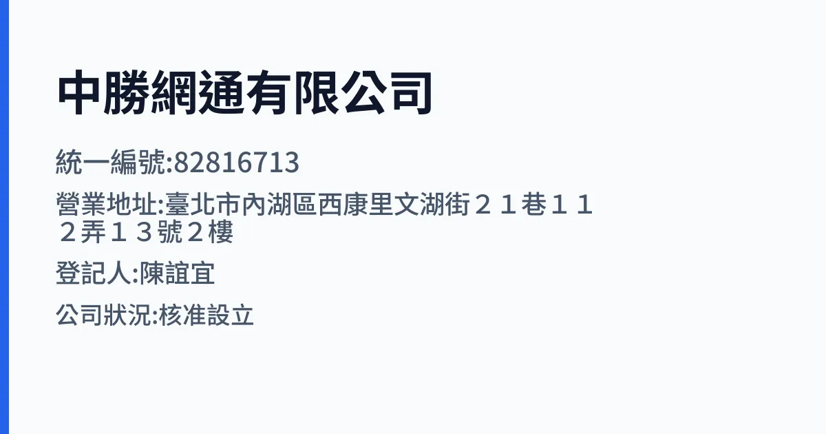 中勝網通有限公司 - 統編 82816713(臺北市) 公司登記資料與營業項目詳細圖表
