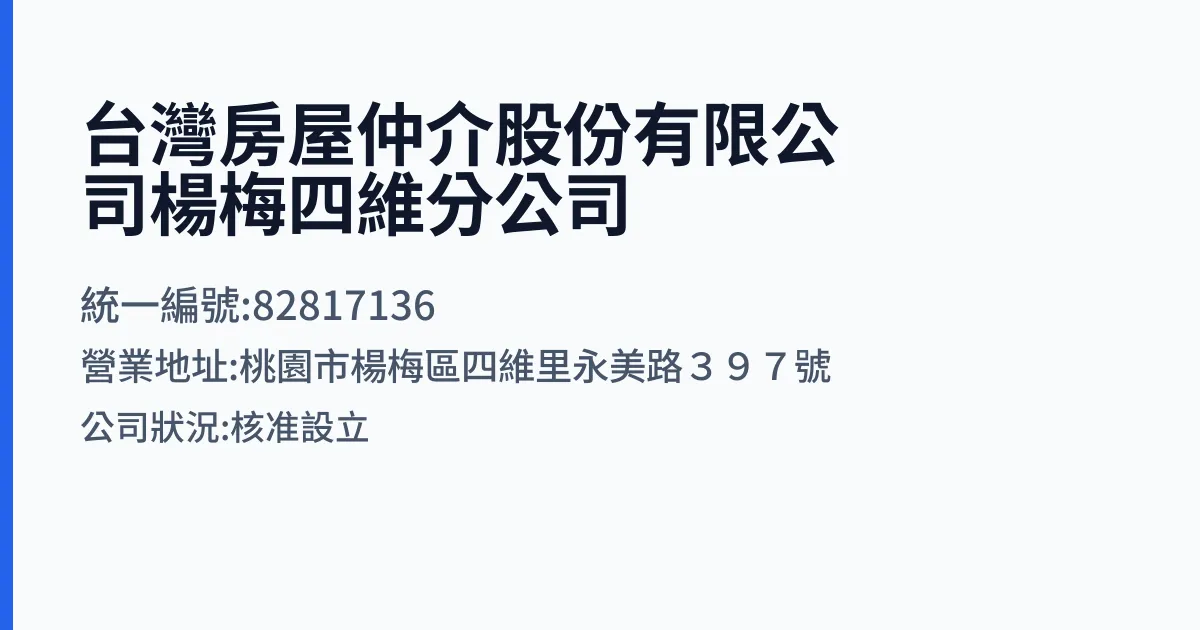 台灣房屋仲介股份有限公司楊梅四維分公司 - 統編 82817136(桃園市) 公司登記資料與營業項目詳細圖表