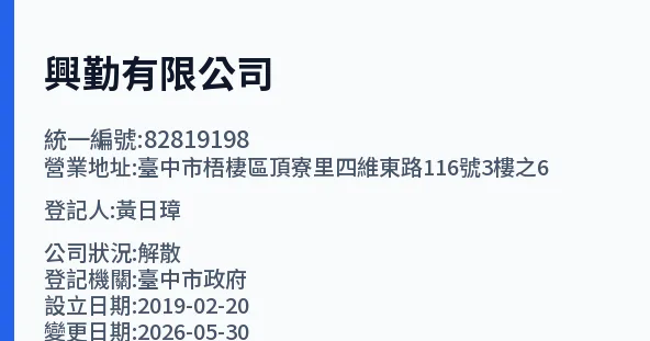 興勤有限公司的照片-統編 82819198(臺中市) 公司登記資料與營業項目詳細圖表