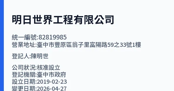 明日世界工程有限公司的照片-統編 82819985(臺中市) 公司登記資料與營業項目詳細圖表