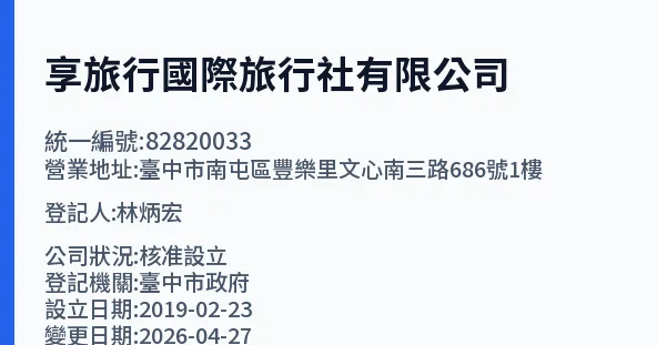 享旅行國際旅行社有限公司的照片-統編 82820033(臺中市) 公司登記資料與營業項目詳細圖表