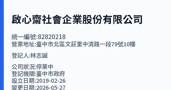啟心齋社會企業股份有限公司的照片-統編 82820218(臺中市) 公司登記資料與營業項目詳細圖表