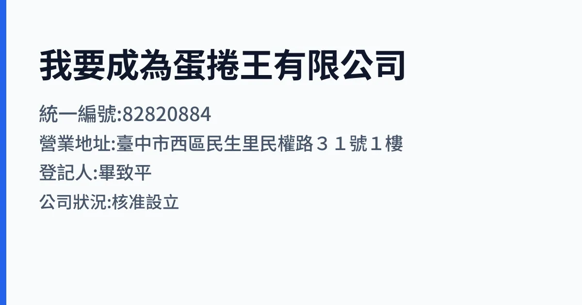 我要成為蛋捲王有限公司 - 統編 82820884(臺中市) 公司登記資料與營業項目詳細圖表