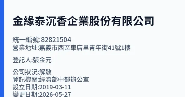 金緣泰沉香企業股份有限公司的照片-統編 82821504(嘉義市) 公司登記資料與營業項目詳細圖表