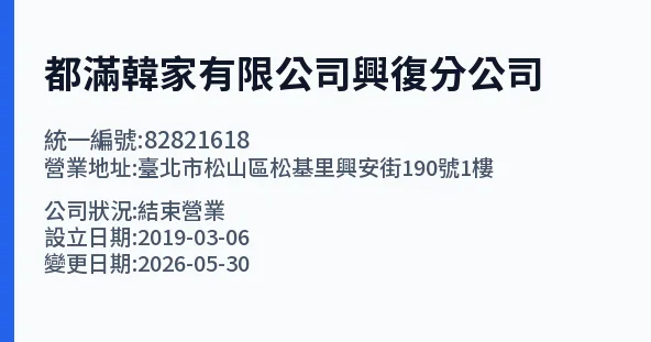 都滿韓家有限公司興復分公司的照片-統編 82821618(臺北市) 公司登記資料與營業項目詳細圖表