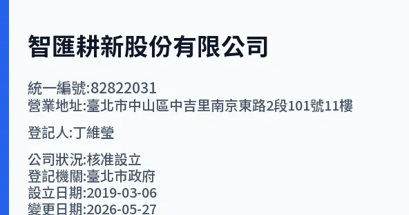智匯耕新股份有限公司的照片-統編 82822031(臺北市) 公司登記資料與營業項目詳細圖表