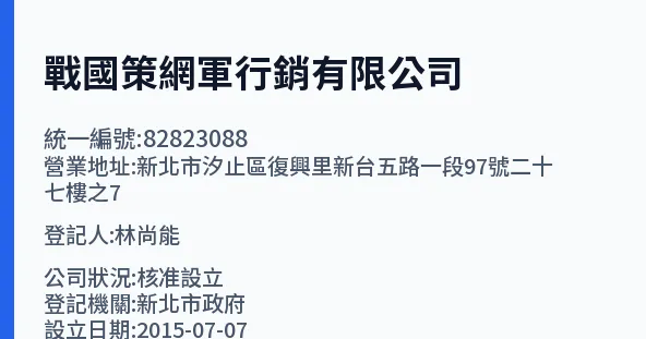戰國策網軍行銷有限公司的照片-統編 82823088(新北市) 公司登記資料與營業項目詳細圖表