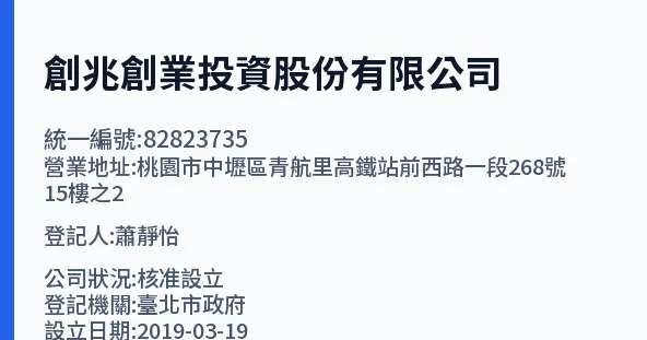 創兆創業投資股份有限公司的照片-統編 82823735(桃園市) 公司登記資料與營業項目詳細圖表