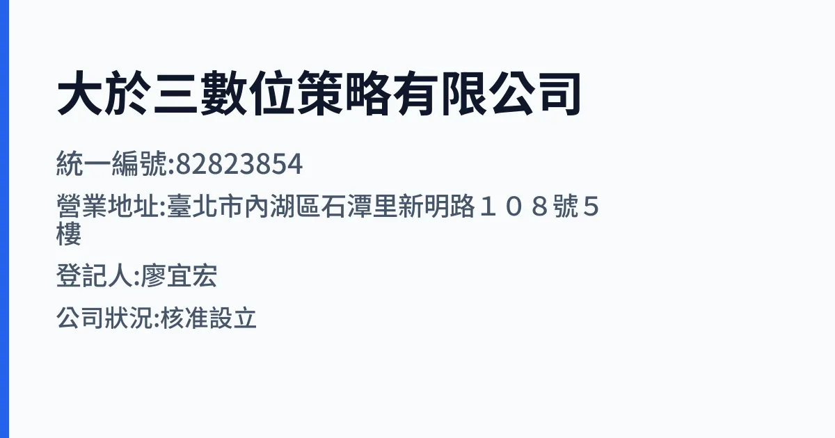 大於三數位策略有限公司 - 統編 82823854(臺北市) 公司登記資料與營業項目詳細圖表
