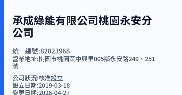 承成綠能有限公司桃園永安分公司的照片-統編 82823968(桃園市) 公司登記資料與營業項目詳細圖表