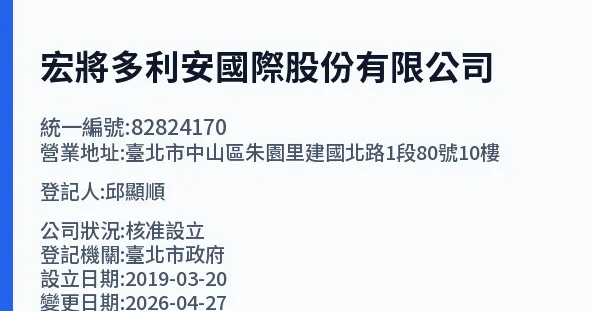 宏將多利安國際股份有限公司的照片-統編 82824170(臺北市) 公司登記資料與營業項目詳細圖表