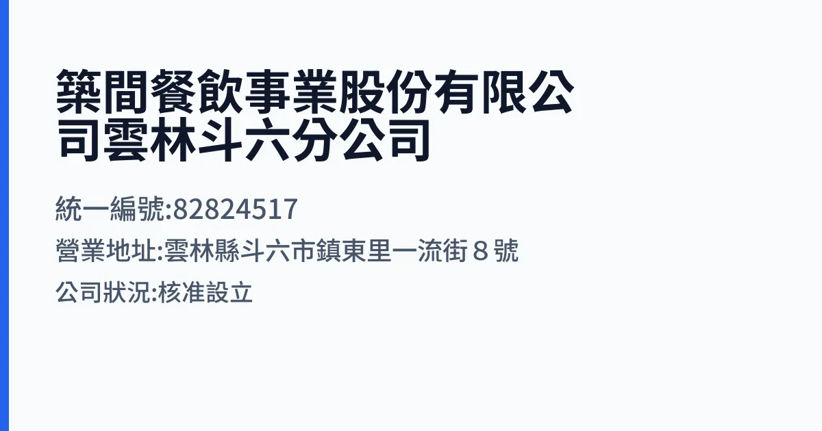 築間餐飲事業股份有限公司雲林斗六分公司 - 統編 82824517(雲林縣) 公司登記資料與營業項目詳細圖表