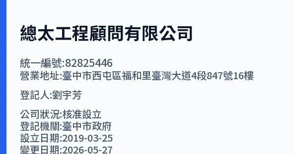 總太工程顧問有限公司的照片-統編 82825446(臺中市) 公司登記資料與營業項目詳細圖表