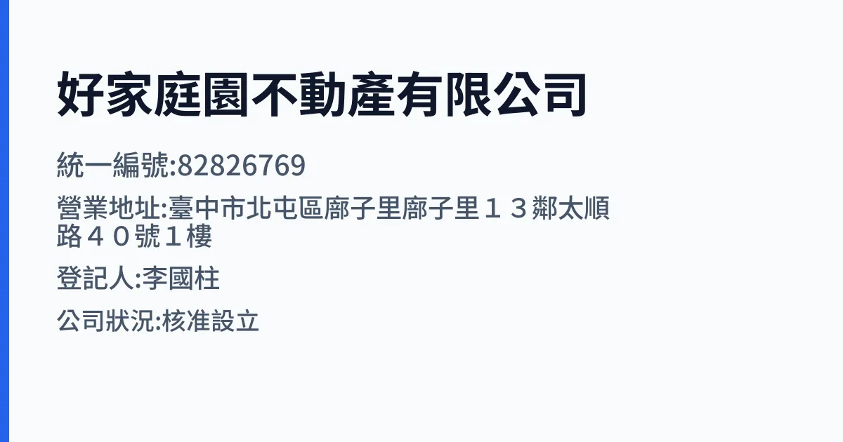 好家庭園不動產有限公司 - 統編 82826769(臺中市) 公司登記資料與營業項目詳細圖表