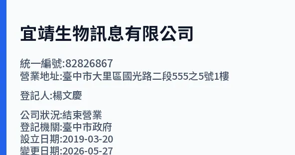 宜靖生物訊息有限公司的照片-統編 82826867(臺中市) 公司登記資料與營業項目詳細圖表