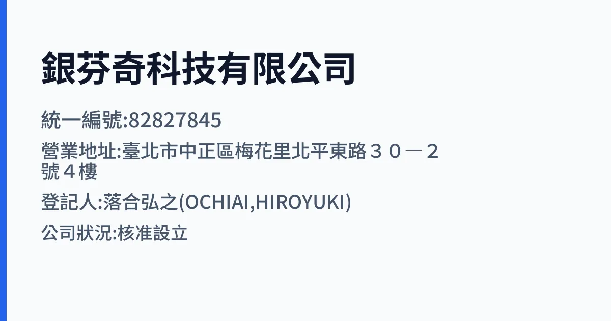 銀芬奇科技有限公司 - 統編 82827845(臺北市) 公司登記資料與營業項目詳細圖表
