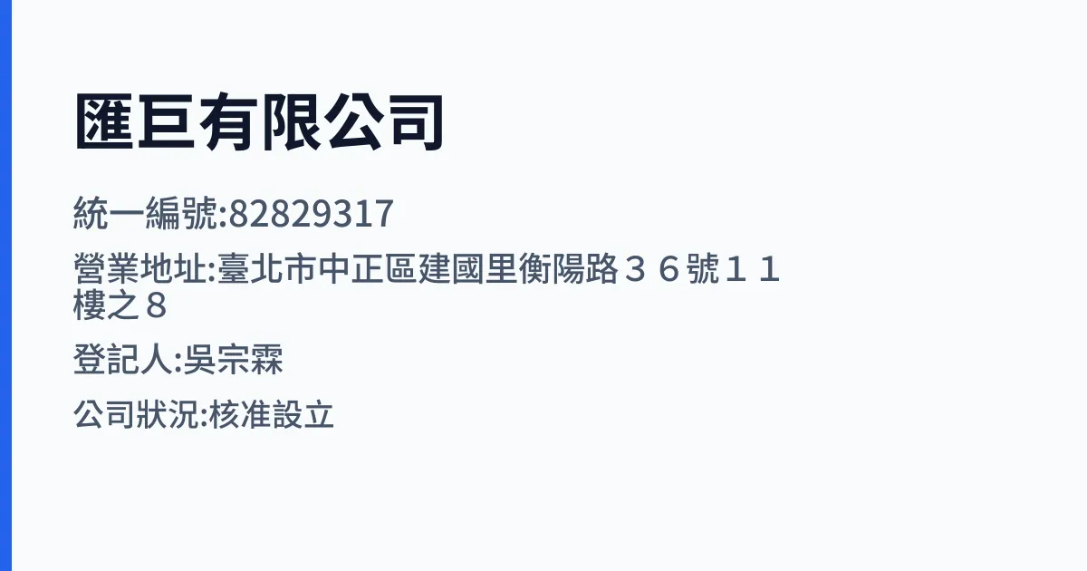 匯巨有限公司 - 統編 82829317(臺北市) 公司登記資料與營業項目詳細圖表