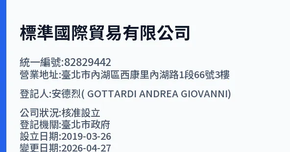 標準國際貿易有限公司的照片-統編 82829442(臺北市) 公司登記資料與營業項目詳細圖表