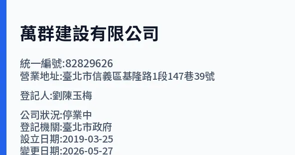 萬群建設有限公司的照片-統編 82829626(臺北市) 公司登記資料與營業項目詳細圖表