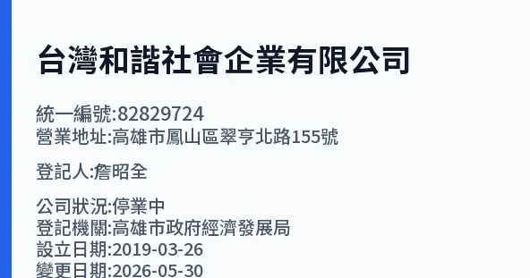 台灣和諧社會企業有限公司的照片-統編 82829724(高雄市) 公司登記資料與營業項目詳細圖表