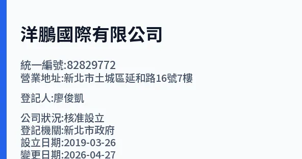 洋鵬國際有限公司的照片-統編 82829772(新北市) 公司登記資料與營業項目詳細圖表