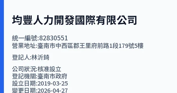 均豐人力開發國際有限公司的照片-統編 82830551(臺南市) 公司登記資料與營業項目詳細圖表