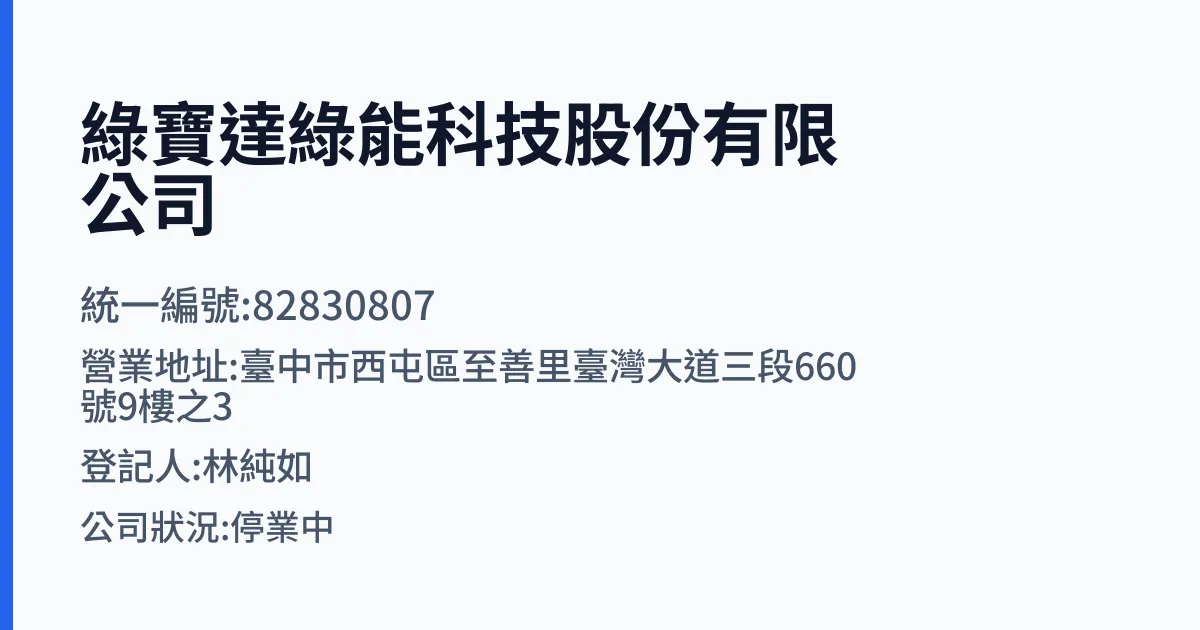 綠寶達綠能科技股份有限公司 - 統編 82830807(臺中市) 公司登記資料與營業項目詳細圖表