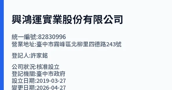 興鴻運實業股份有限公司的照片-統編 82830996(臺中市) 公司登記資料與營業項目詳細圖表