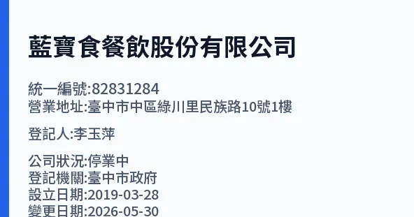 藍寶食餐飲股份有限公司的照片-統編 82831284(臺中市) 公司登記資料與營業項目詳細圖表