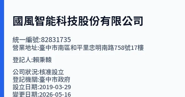 國風智能科技股份有限公司的照片-統編 82831735(臺中市) 公司登記資料與營業項目詳細圖表