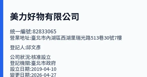 美力好物有限公司的照片-統編 82833065(臺北市) 公司登記資料與營業項目詳細圖表
