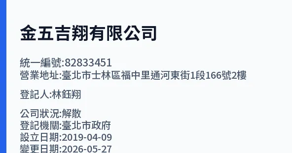 金五吉翔有限公司的照片-統編 82833451(臺北市) 公司登記資料與營業項目詳細圖表