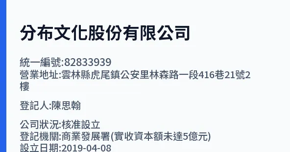 分布文化股份有限公司的照片-統編 82833939(雲林縣) 公司登記資料與營業項目詳細圖表